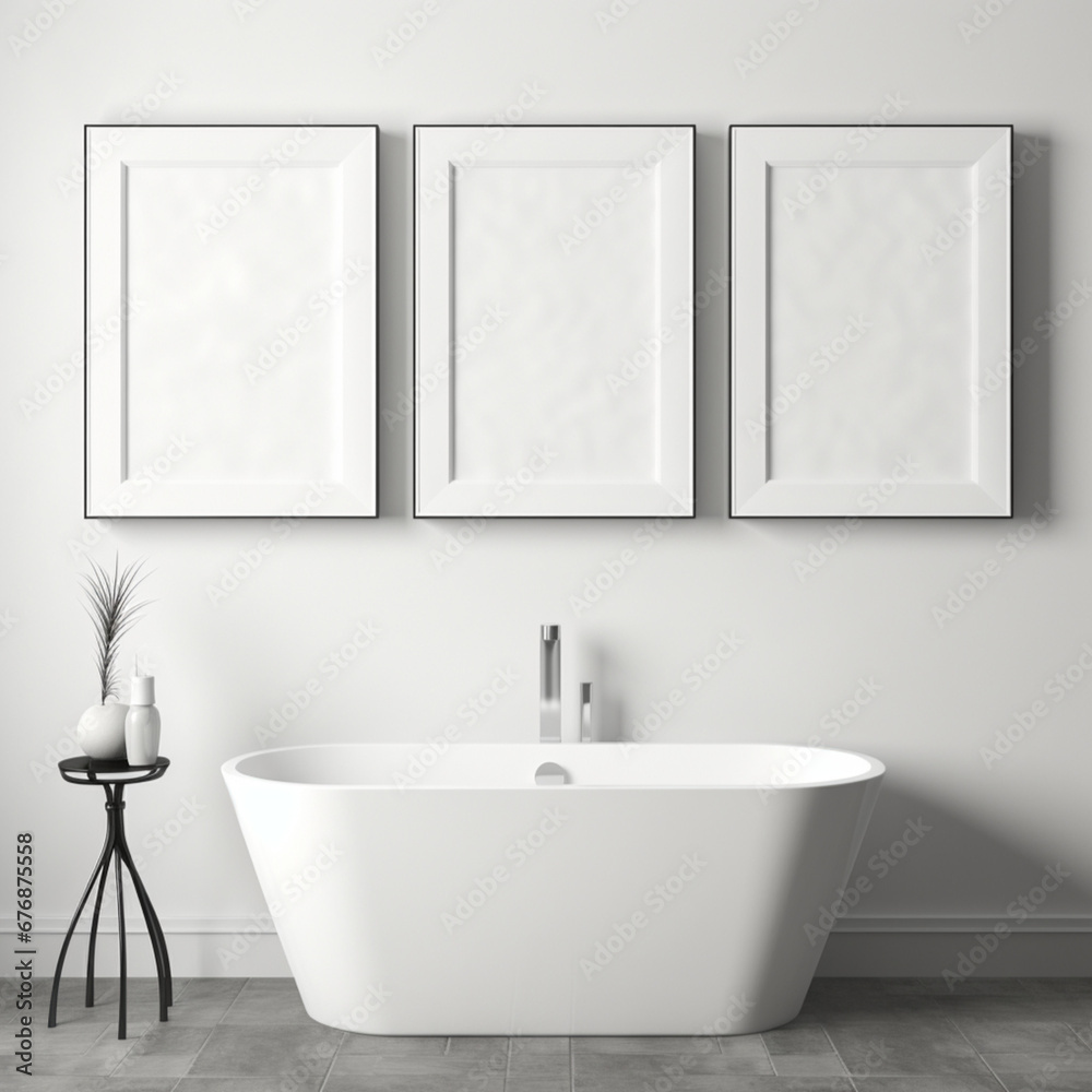 three square, picture frames, white perfect square frames, vertically ...