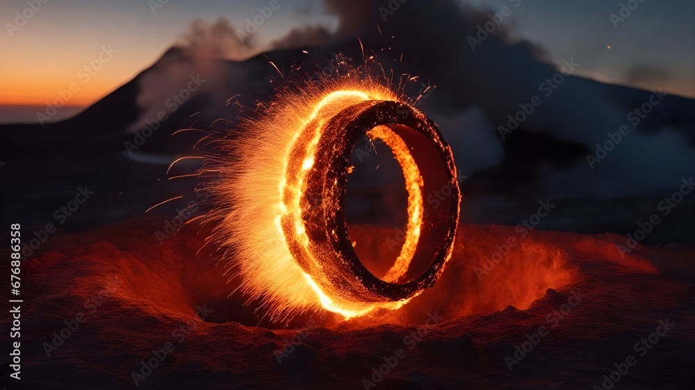 explosion of fire A ring of fire erupts from a volcano, sending sparks ...
