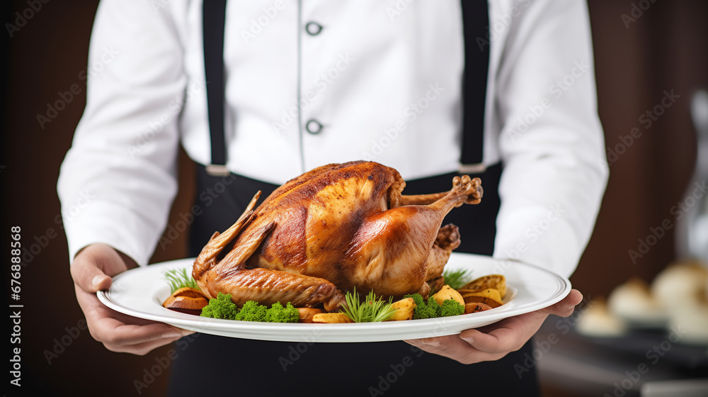 Professional Waiter Presenting Roast Turkey on White Backdrop Stock ...