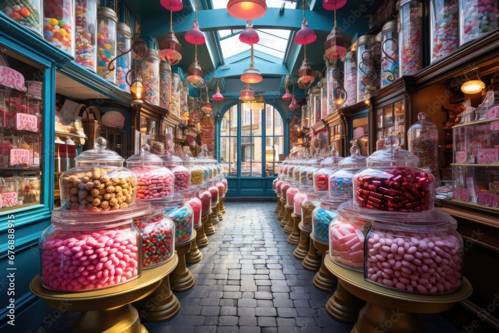 Vintage candy store with rows of glass jars of sweets. Candy shop ...