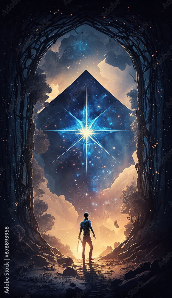 Fantasy concept illustration, man in front of giant dreamy opening ...