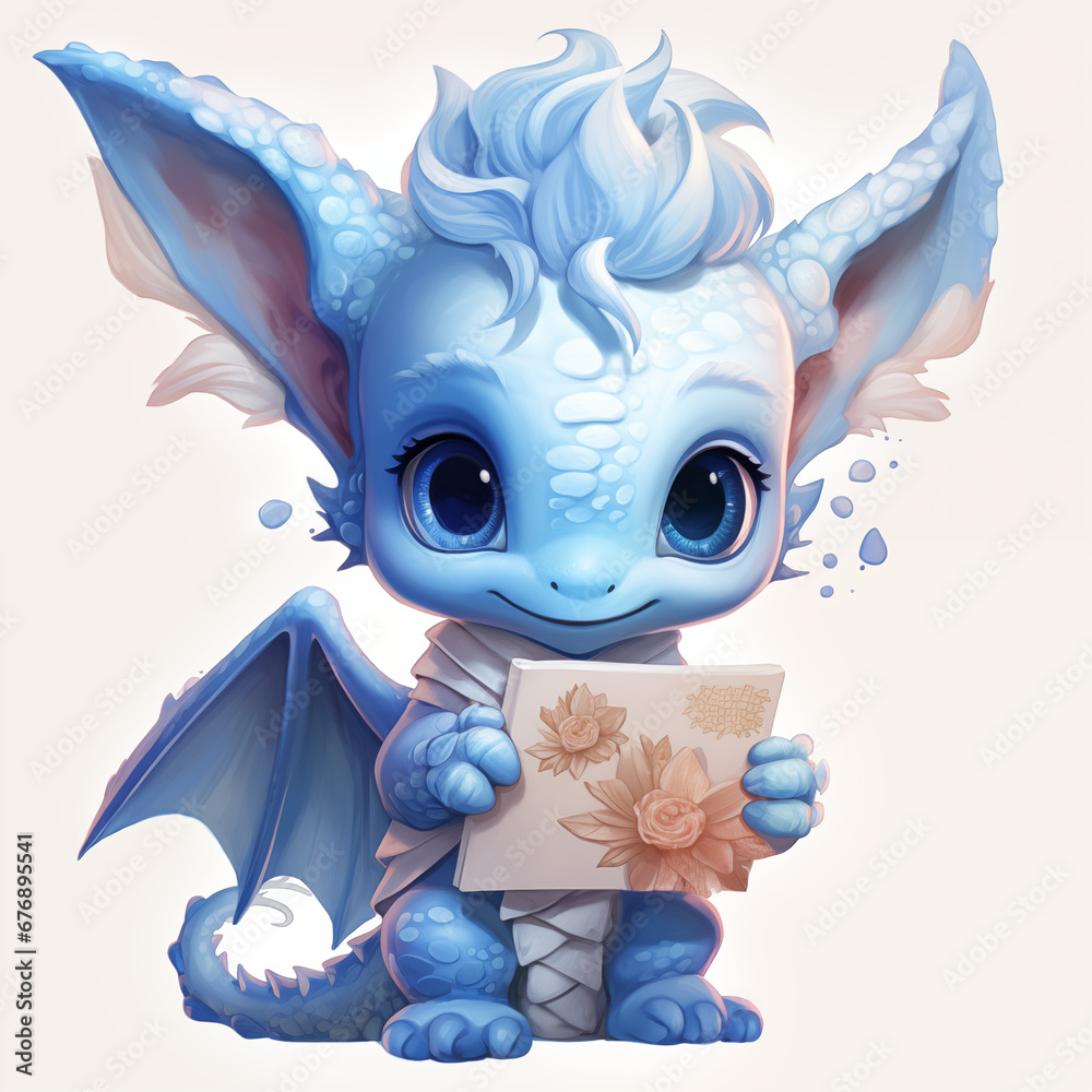 Cute little blue dragon reading a book. Cartoon illustration. Chinese ...