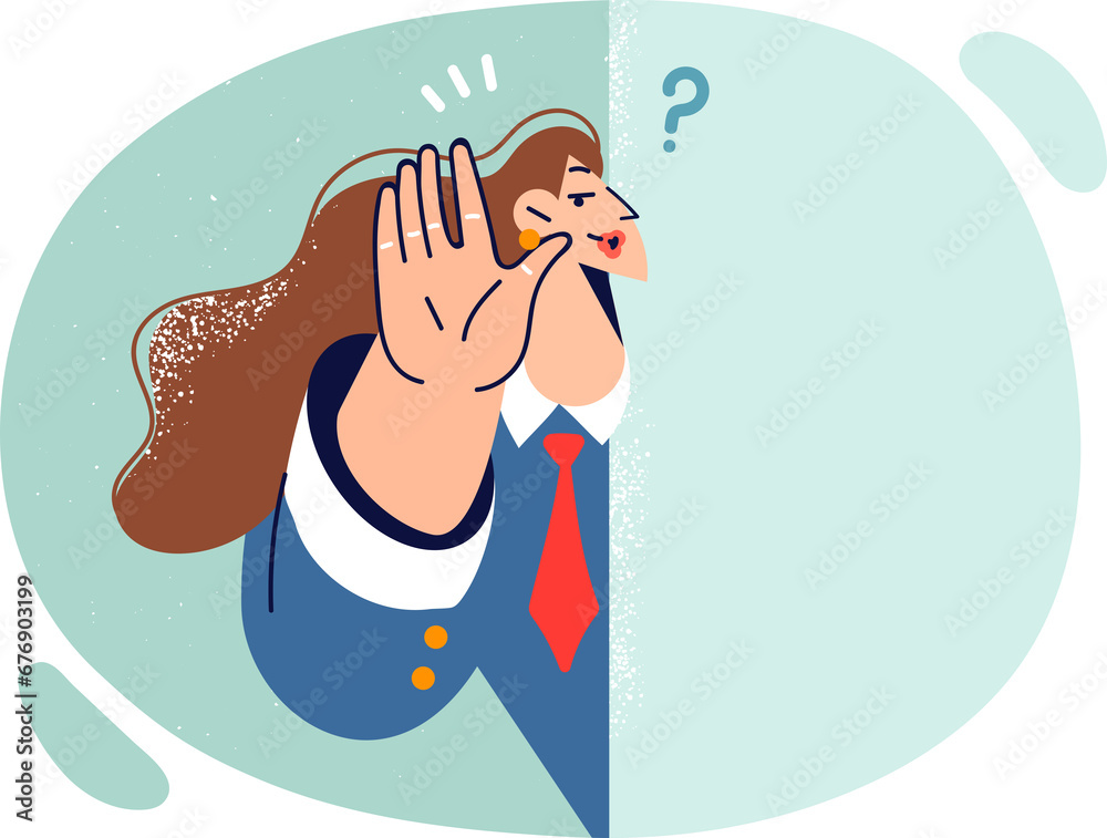 Curious woman eavesdrops on conversations of colleagues, peeking around ...