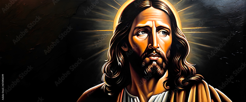 Jesus Christ portrait on black background in oil painting style ...