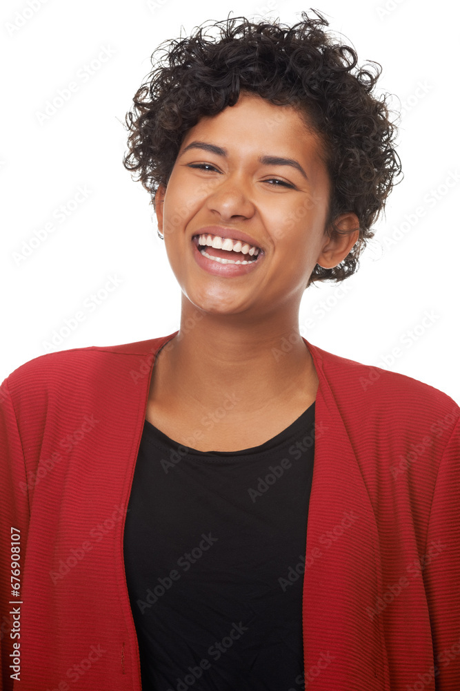 Woman, laughing and happy in portrait, studio and funny joke or comedy ...