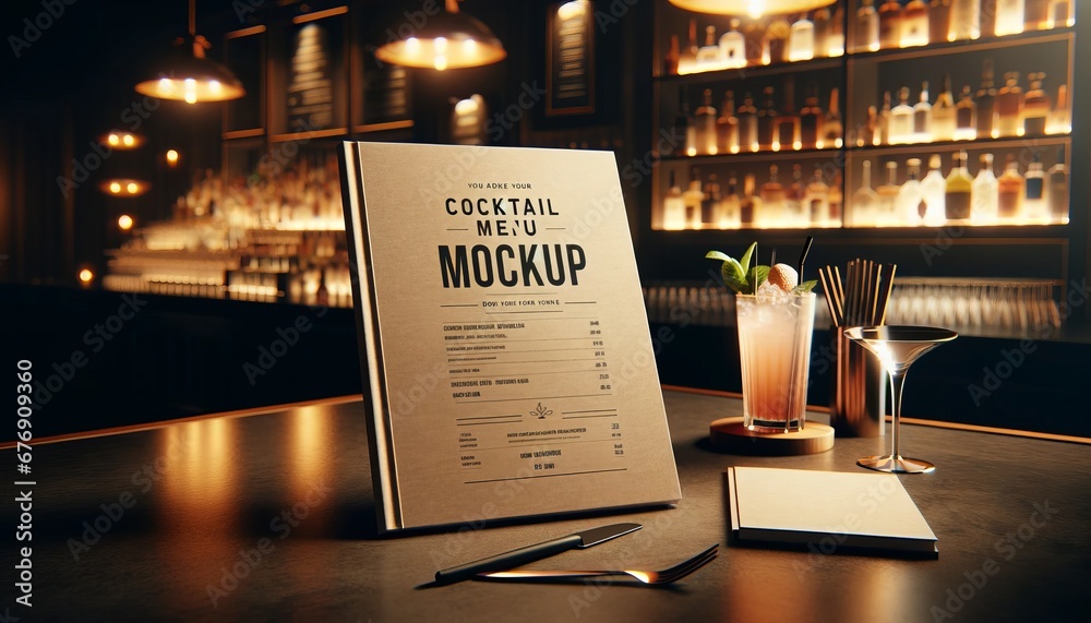 High-quality photograph of a generic cocktail menu set in an inviting ...