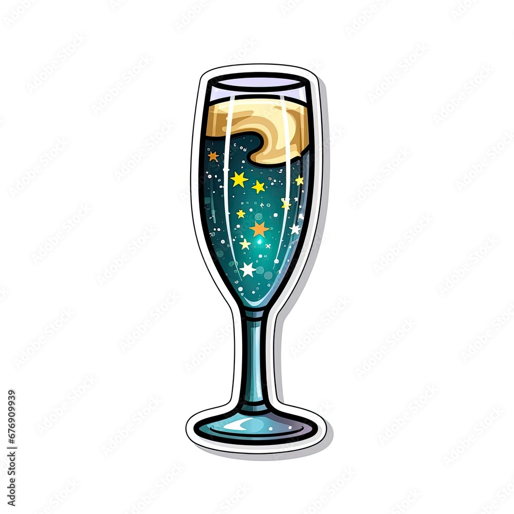 Christmas glass of champagne sticker. Cartoon drink glass of champagne ...