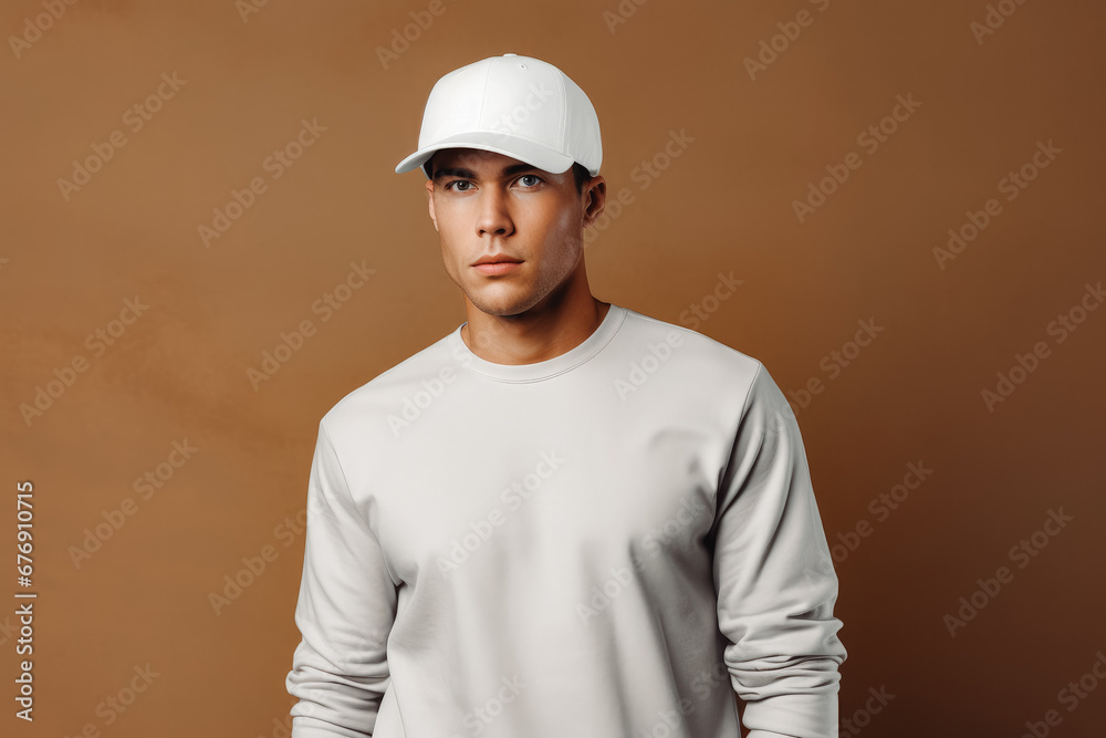 man wearing plain white cap and shirt for mockup. Fashion model male ...