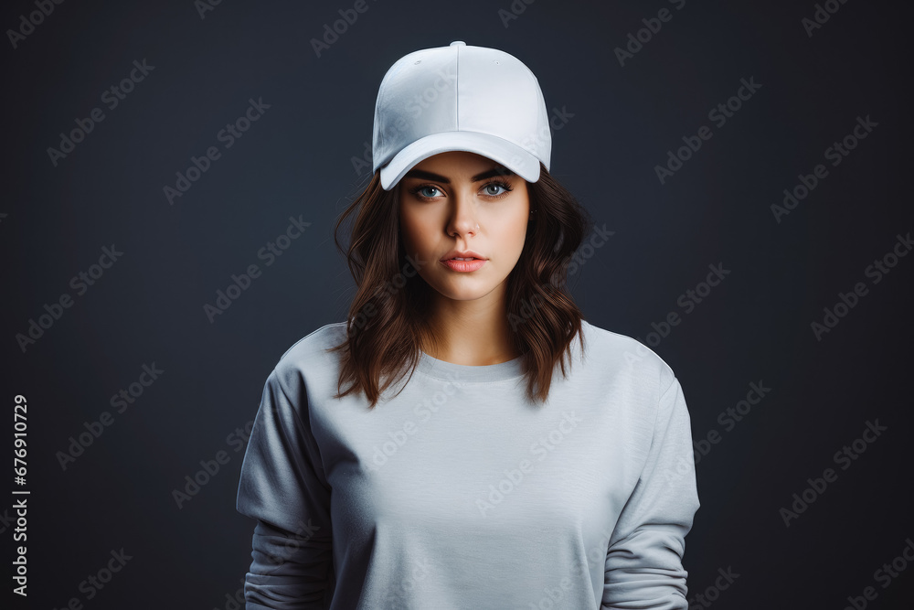 Woman wearing plain white cap and shirt for mockup. Fashion model ...