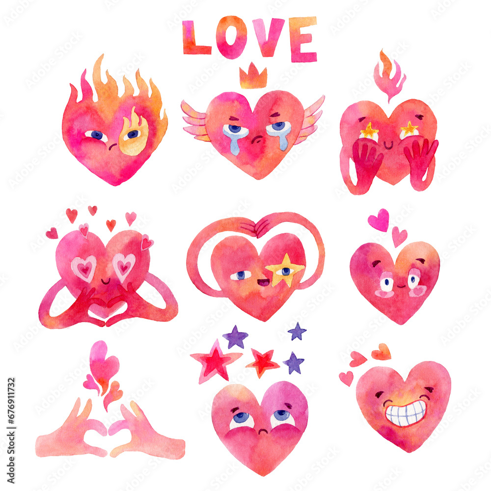 Watercolor hand drawn valentines day hearts. Watercolor hearts ...