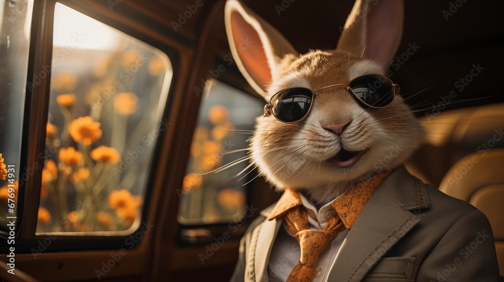 Dapper Rabbit in a Vintage Car: A charming rabbit dressed in vintage ...