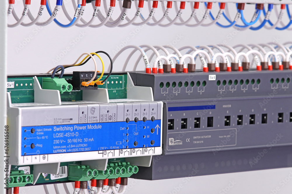 Lutron automation modules in an electrical switchboard. Stock Photo ...