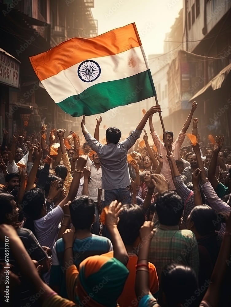 India independence, People celebrating, waving gaint flag, hyper ...