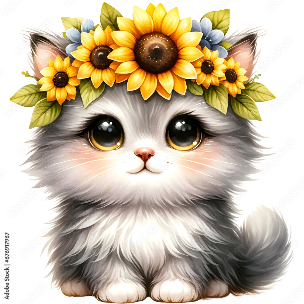 Cute cat with sunflower crown watercolor clipart, PNG illustration with ...