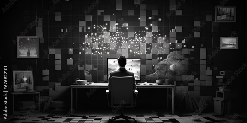 Monochromatic image of a person from behind, sitting in front of a computer screen in a dark ...