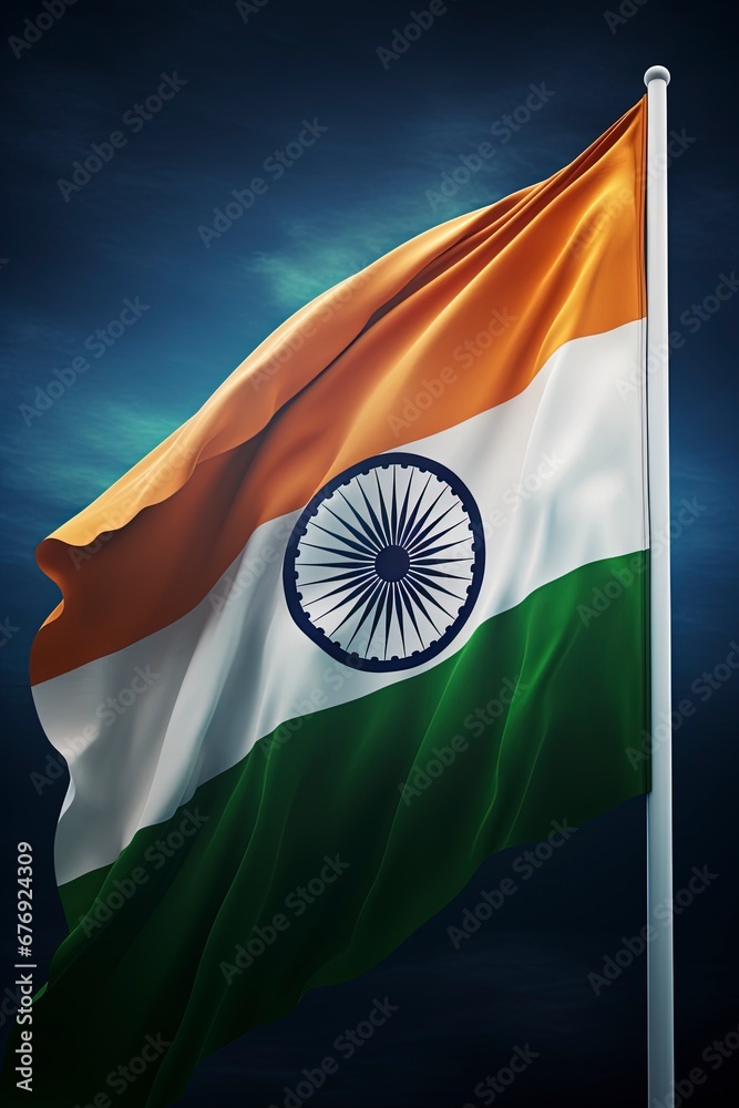 The tricolor flag of India waving in the wind completely intact with a ...