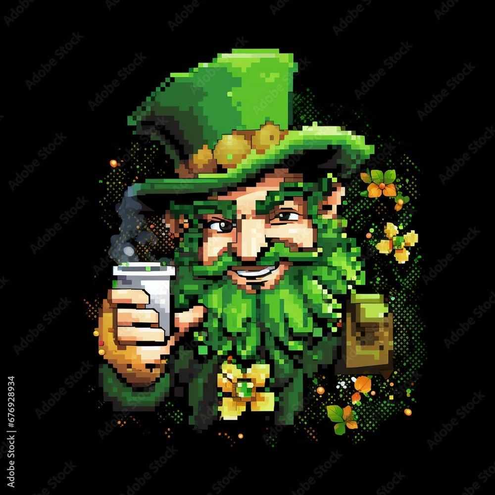 8-bit pixel art of Irish leprechaun with green beard drinking magical ...