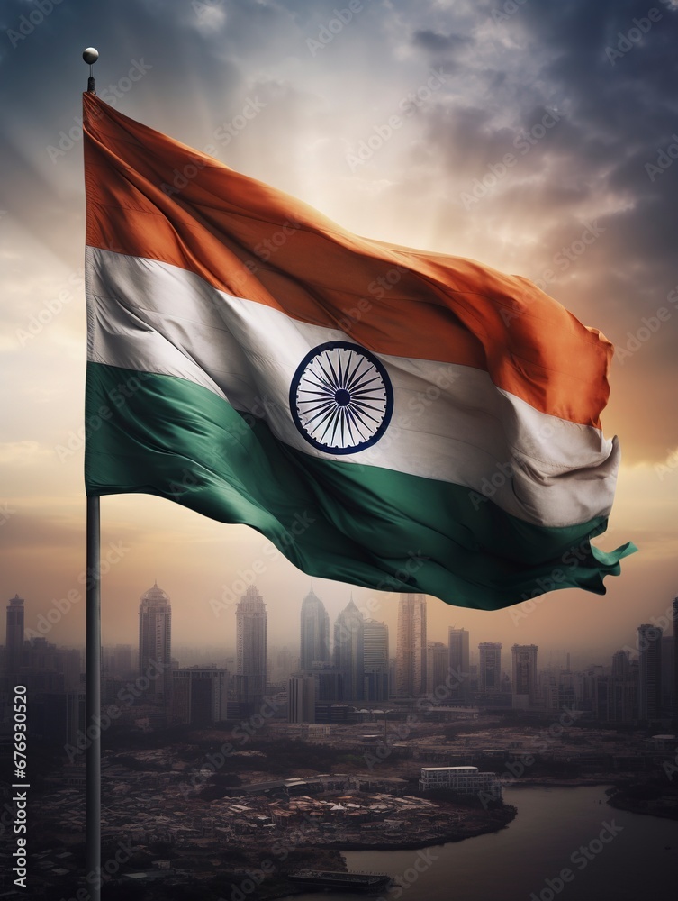 The tricolor flag of India waving in the wind completely intact with a ...