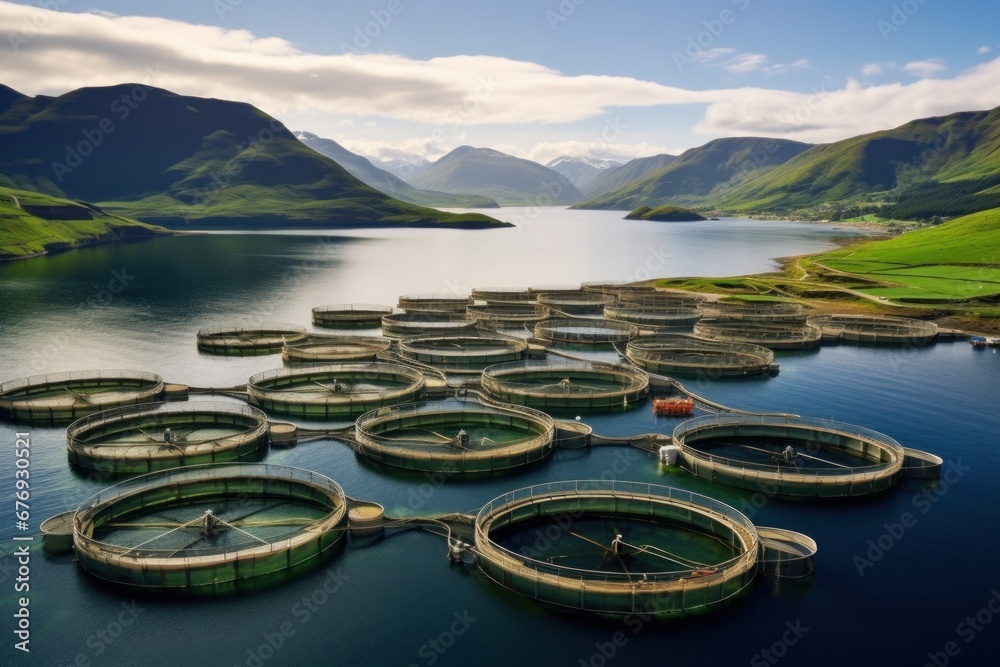 sea cages for salmon breeding, a fish farm in a mountain lake Stock ...