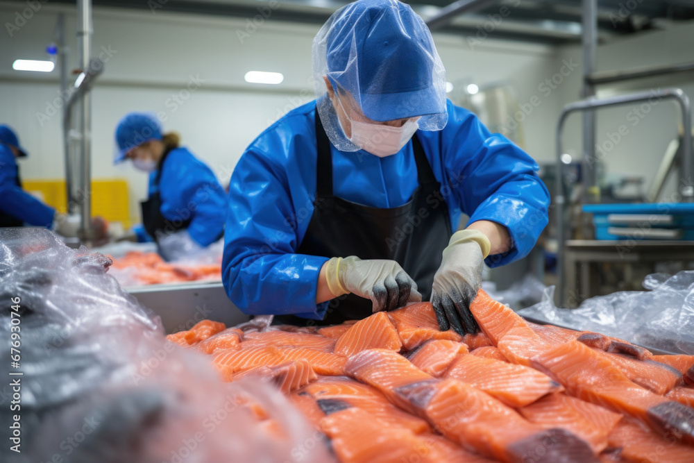Employees at a fish processing facility sorting salmon on a moving ...