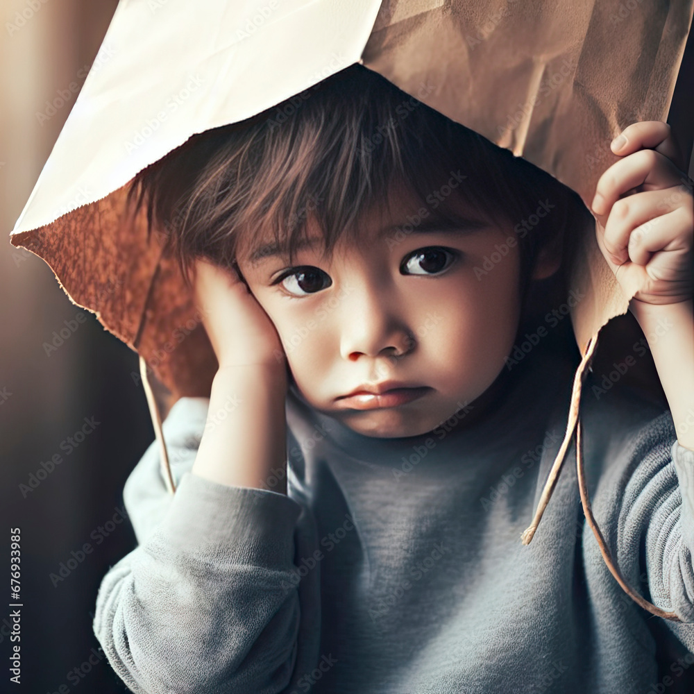 sad boy with a paper bag on his head. ai generative Stock Illustration ...