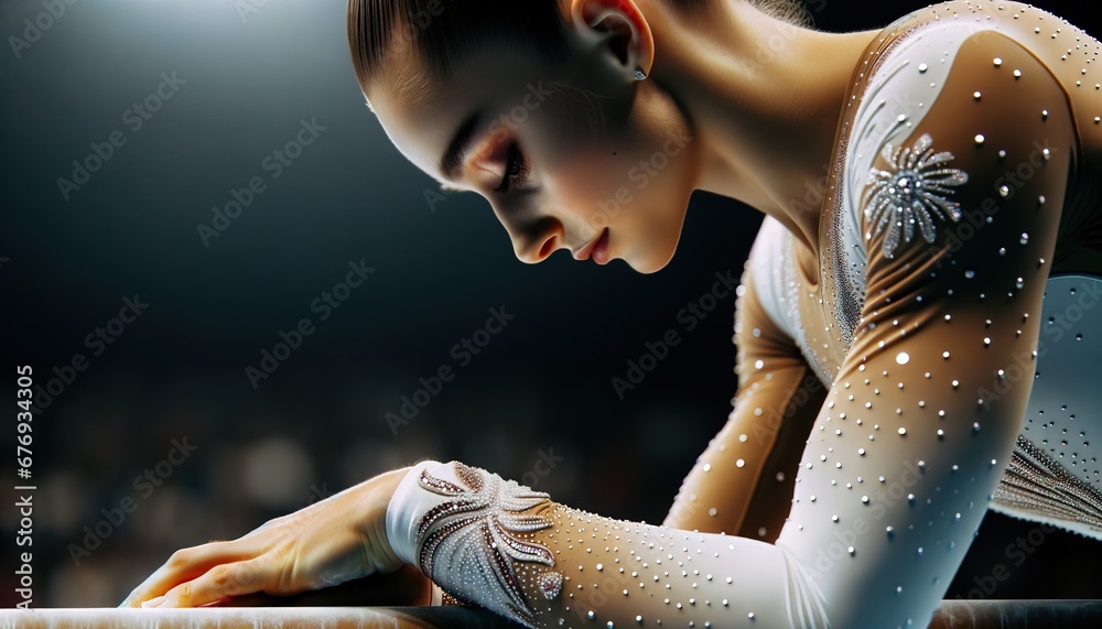 A female gymnast in a white uniform performs a handstand on the balance ...