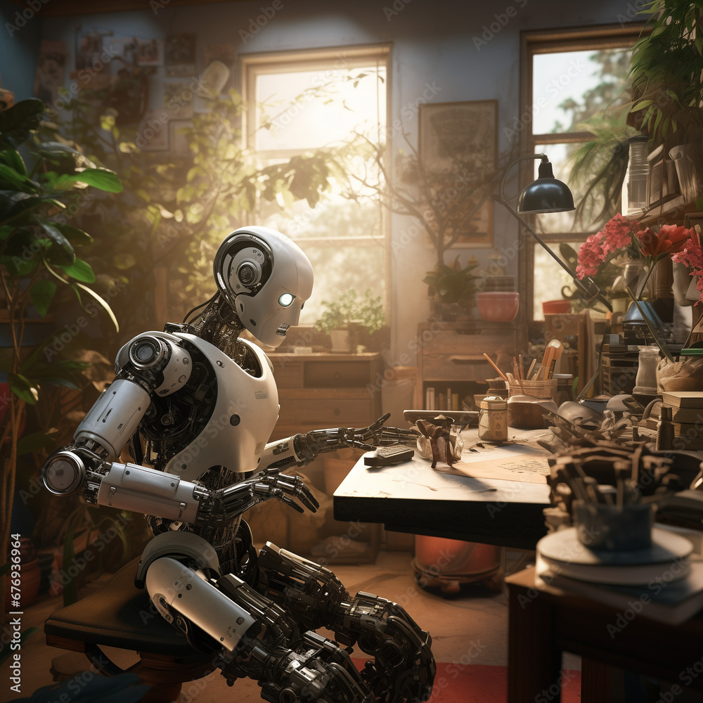 Visualize a 4K-resolution scene where an AI-powered robot interacts ...