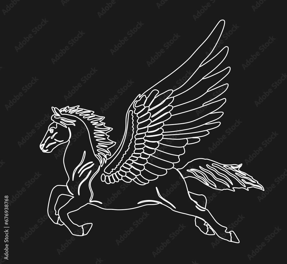 Cute magic Pegasus vector silhouette illustration isolated on black ...