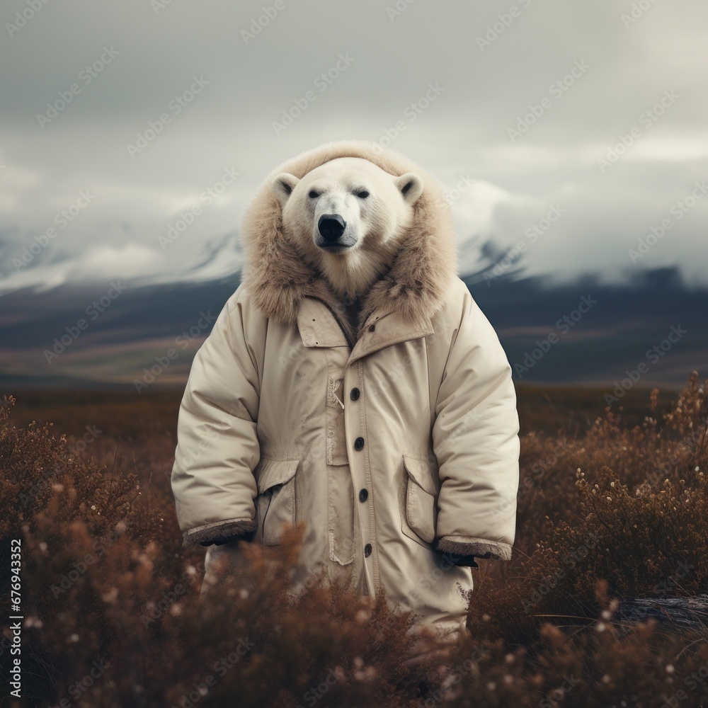 Eerie and captivating image of a human with a bear's head, posed in a ...