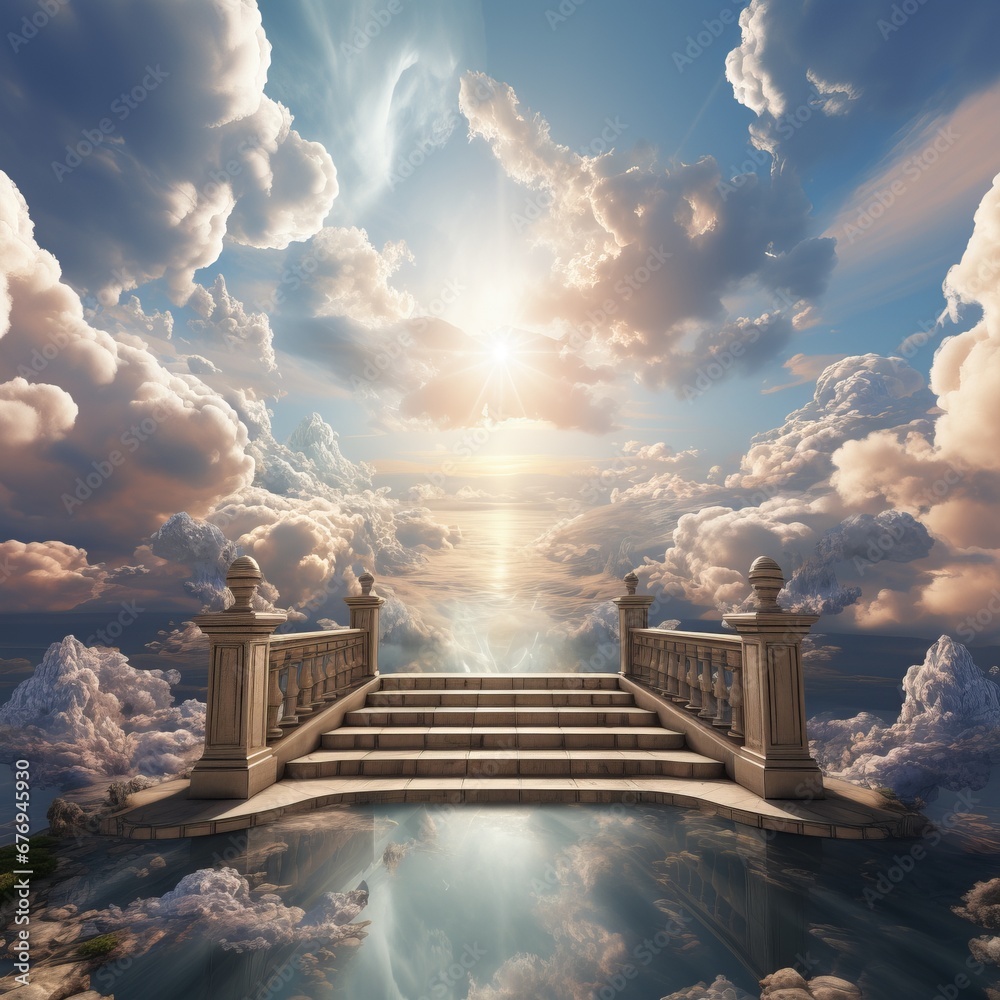 Gates of heaven, illustration of the road going to heaven. Fluffy ...