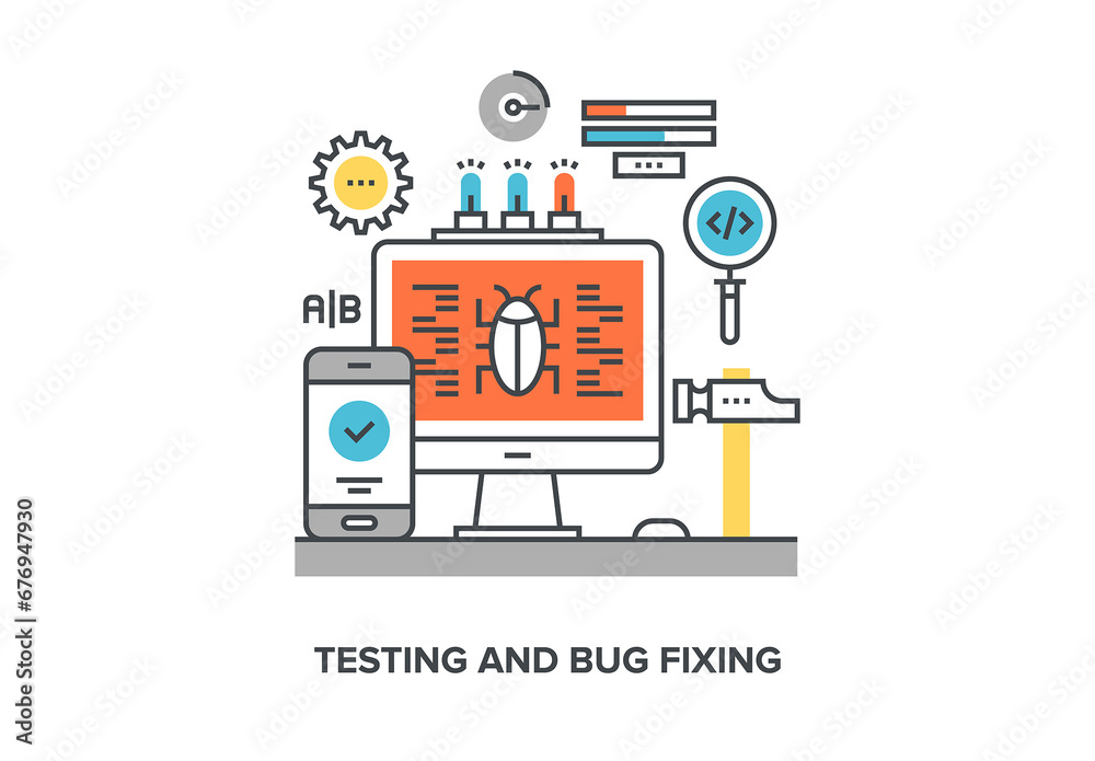 Vector illustration of testing and bug fixing flat line design concept ...