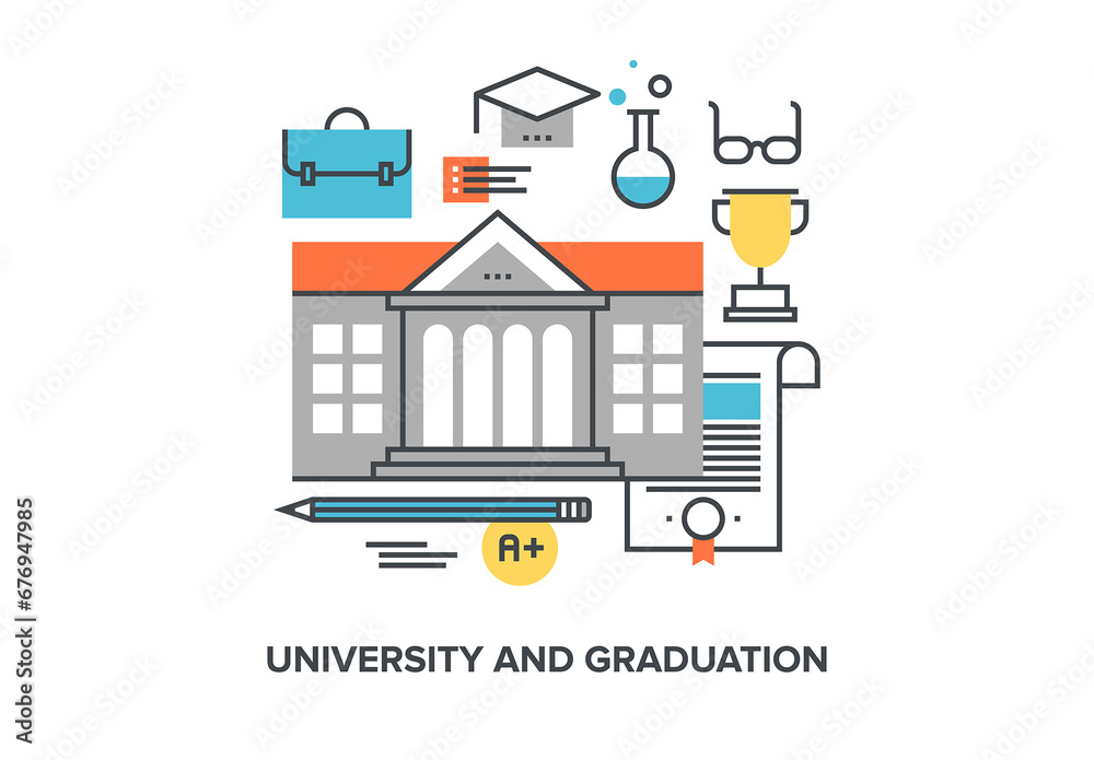 Vector illustration of university and graduation flat line design ...