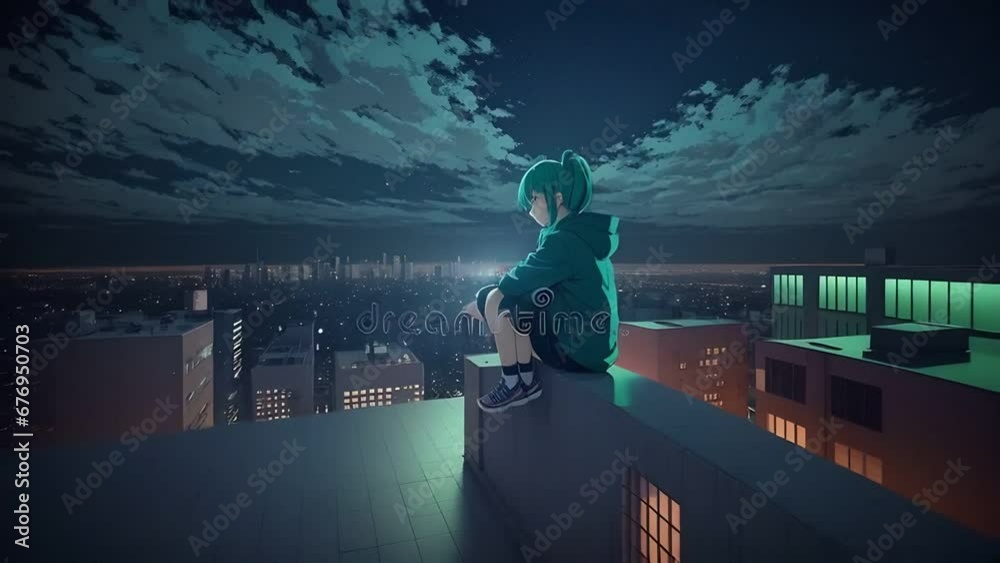 Seamless loop animation. Cute Anime woman looking at the cityscape by ...