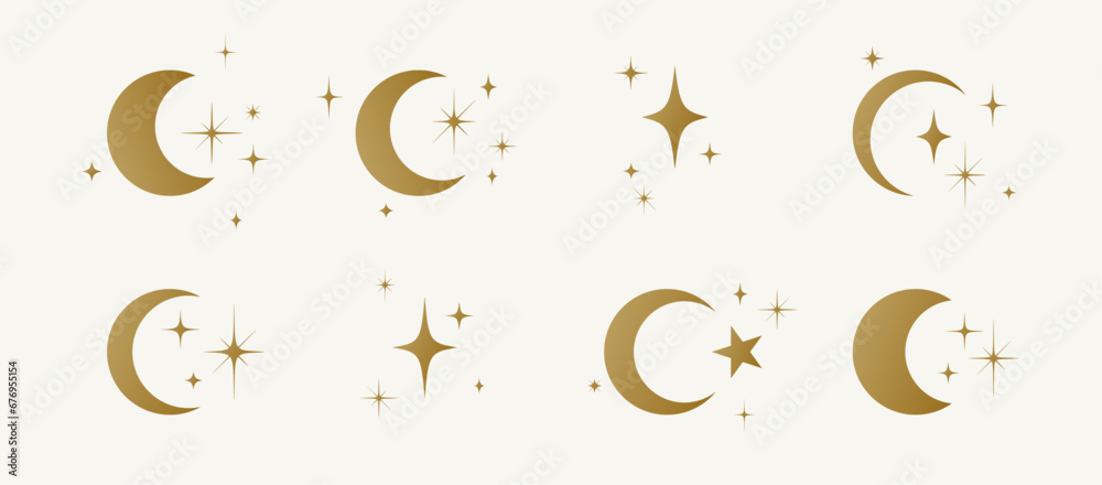 Moon with stars set. Half moon, crescent with star, night sky ...