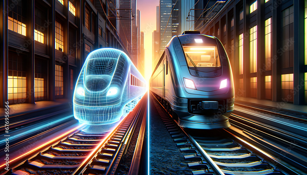 Digital twin concept of train. Wireframe rendering of train and ...