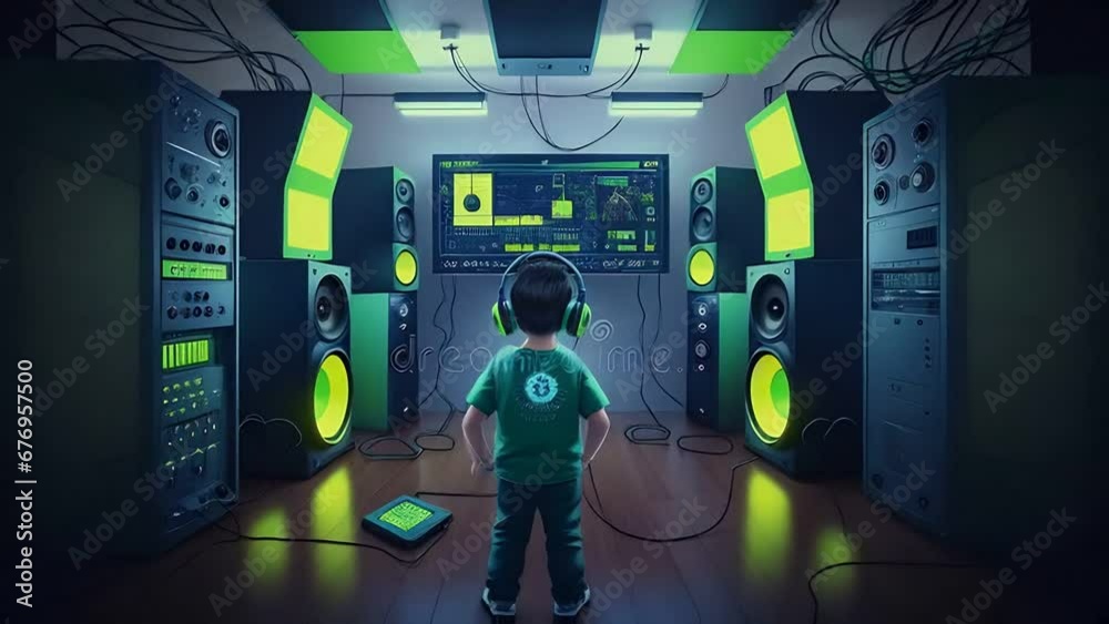 Seamless loop animation. A kid wearing headphones and listening to lofi ...