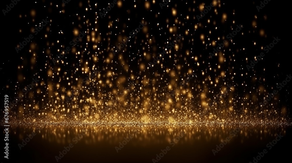 Golden glitter rain, gold particles glow with falling snow bokeh light ...