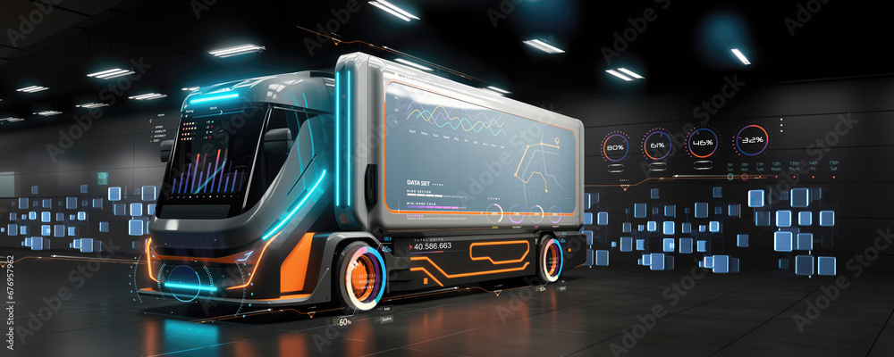 futuristic electric truck delivery parked in warehouse storage parking ...