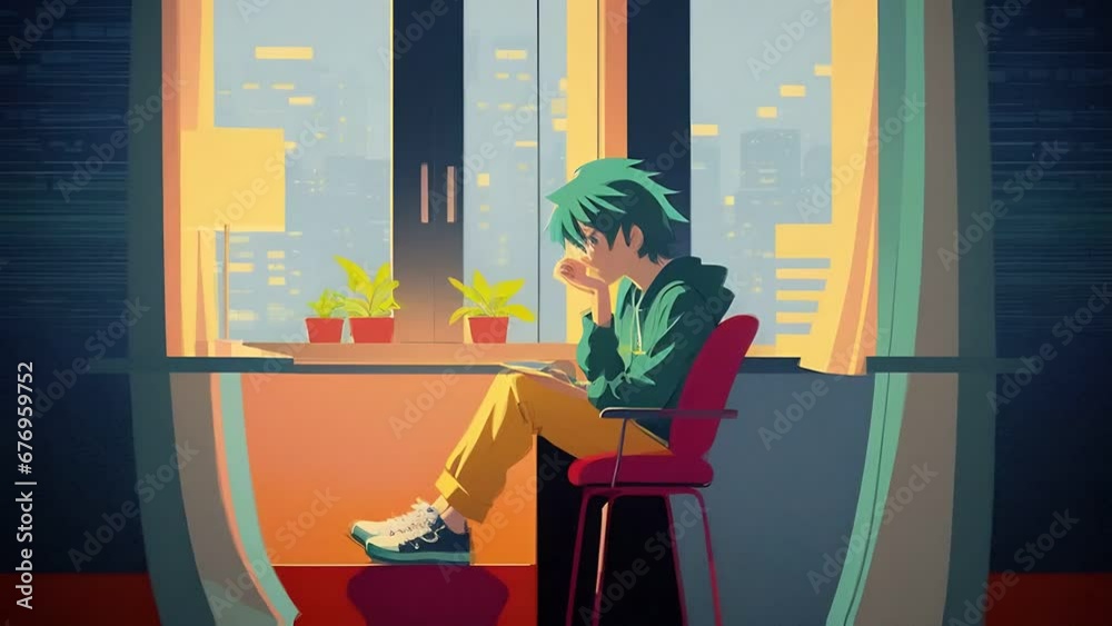 Seamless loop animation. A person sits by a large window Lofi style ...
