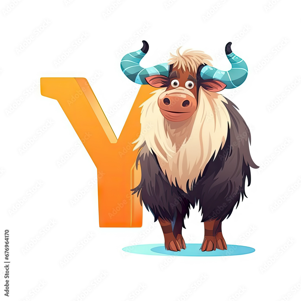 Cute cartoon brown yak (Bos mutus) with light collar and blue horns ...