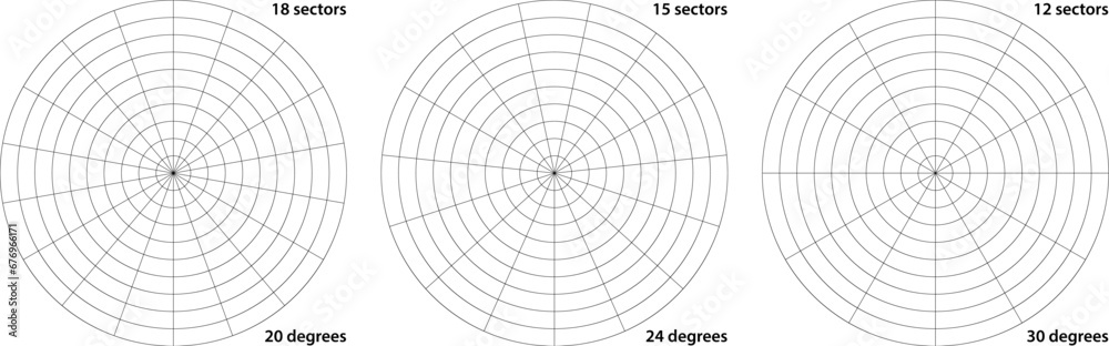 Polar grid divided into radial 20, 24, 30 degree 18, 15 and 12 sectors ...