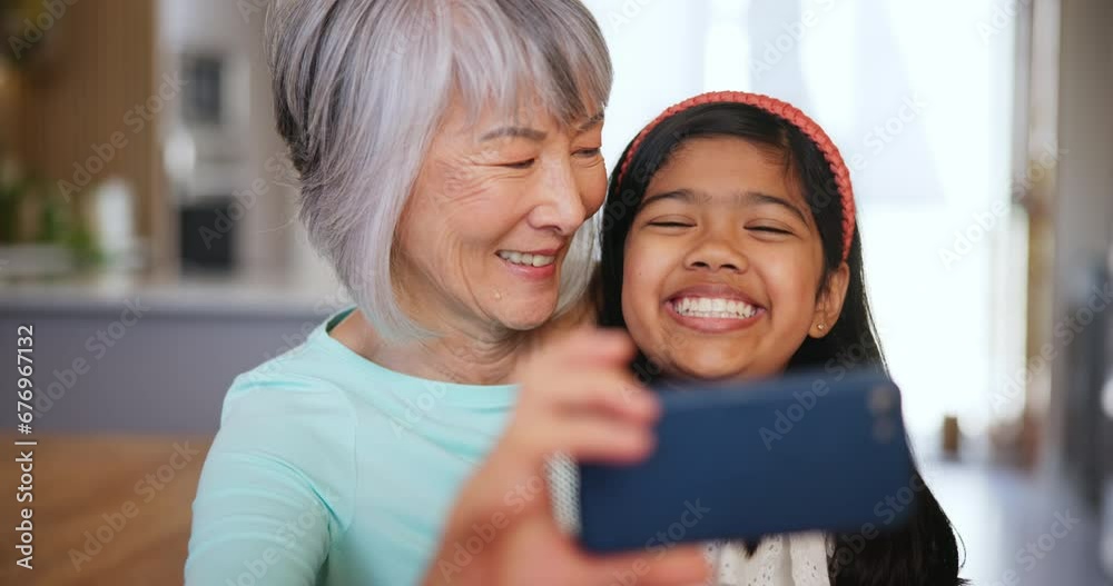 Home, selfie and grandmother with girl, smile and profile picture with ...