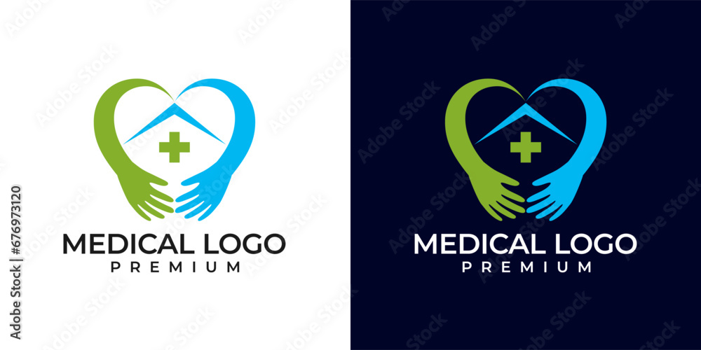 Cross medical logo design template. Medical clinic logo with love hand ...