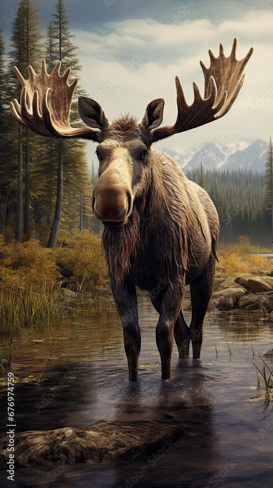 Huge moose in the forest with stream with mountain background Stock ...