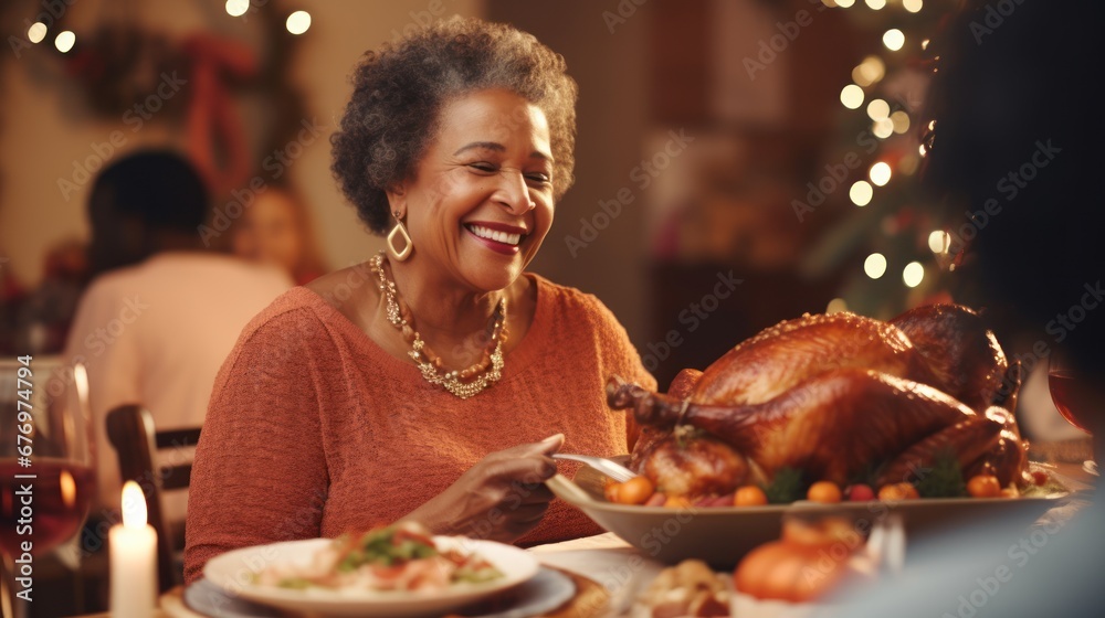 Happy African American mature woman brining stuffed turkey at dining ...