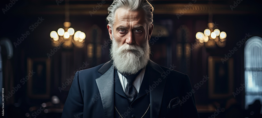 Distinguished older man in black suite with white hair and beard in a ...