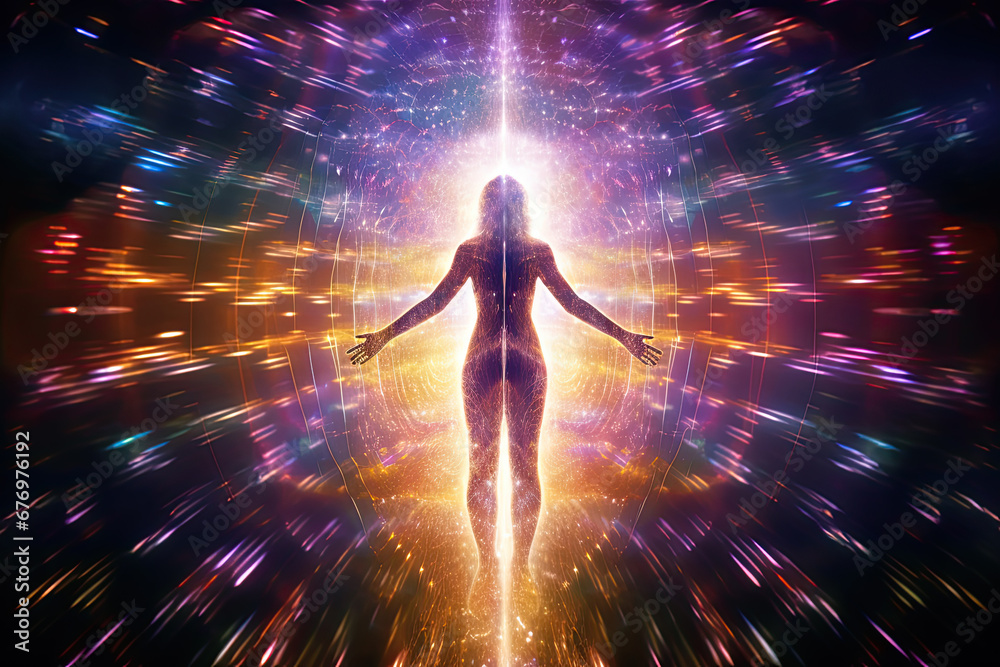 Quantum field grid of colorful light particles surrounding a human form ...