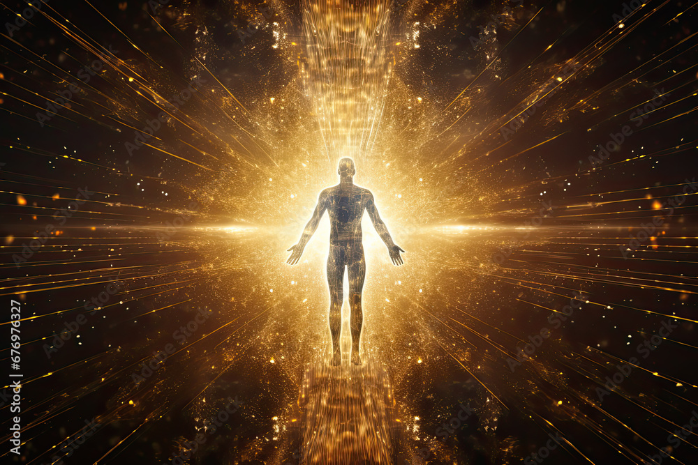 Quantum field grid of golden light particles surrounding a human form ...