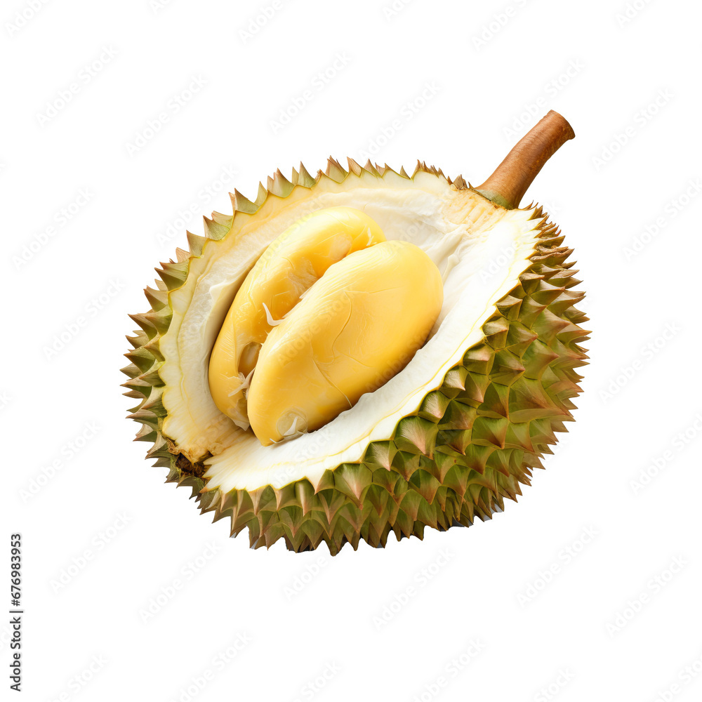 Durian fruit with its full spiky body displayed, isolated on a ...