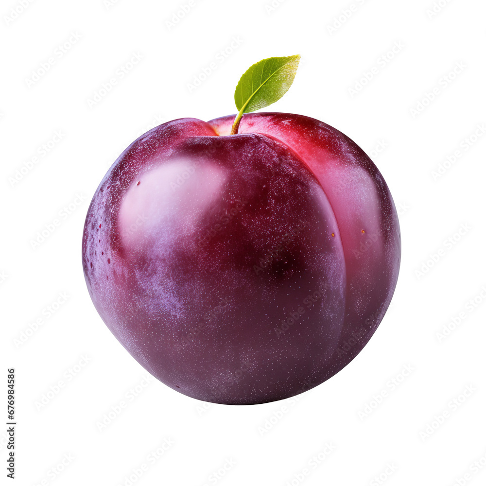 Plum fruit depicted in full, vivid detail against a seamless ...